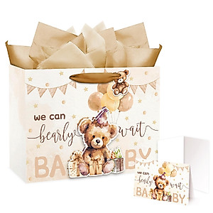 16" Large Baby Boy Girl Gift Bag, 3D Making Bear Baby Gift Bag with Handle, Tissue Paper and Greeting Card
