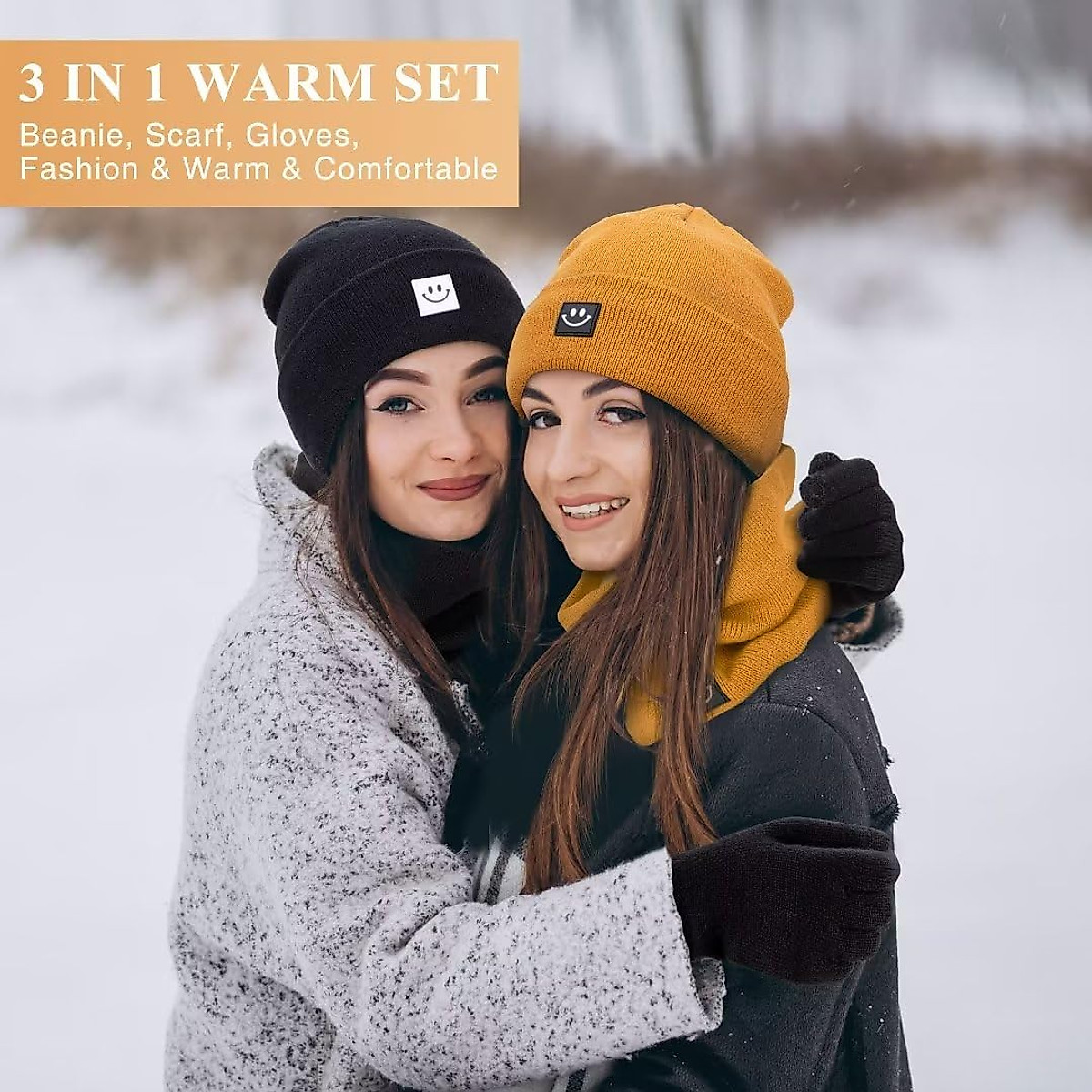 Winter Smiley Face Beanie Hat Scarf Gloves Set for Women Men, Mens Winter Cute Hat Fashionable Warm Scarfs Neck Warmer Touchscreen Gloves Sets for Cold Weather