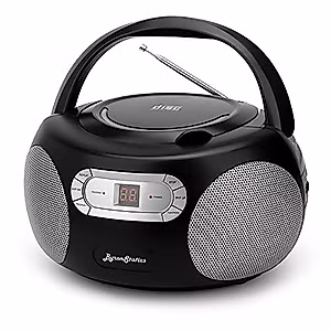 ByronStatics Portable CD Player Boombox with AM FM Radio, Top Loading CD, 1W RMS x 2 Stereo Speaker, Aux-in Jack, LCD Display, AC110-120V Operated Black