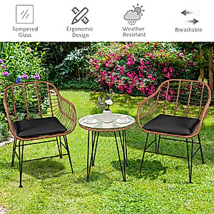 Tangkula 3 Pieces Patio Conversation Bistro Set, Outdoor Wicker Furniture w/Round Tempered Glass Top Table & 2 Rattan Armchairs, Bistro Chat Set w/Seat Cushions for Porch, Backyard (Black)
