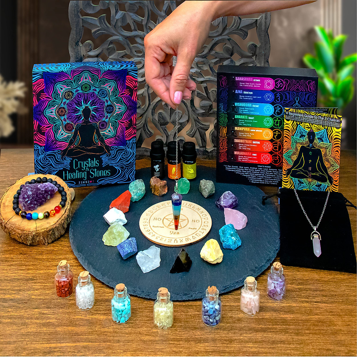 Crystals and Healing Stones Set 31Pcs - Healing Crystals & Stones - 14 Real Raw Chakra Rocks, 7 Gemstones Bottles, 3 Essential Oils,Pendant Necklace, Pendulum Board, Amethyst Cluster, Bracelet & Guide