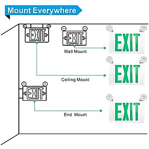 EXITLUX 1 Pack Green Led Exit Sign with Emergency Lighting Battery Backp -Two LED Adjustable Head -120V/277V-UL Listed-Exit Lighting -Dual LED Lamp ABS Fire Resistance for Power Failure.