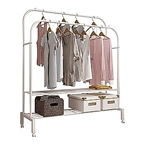 GGQQ Clothes Garment Rack with Shelves,Metal Double Rod Clothes Hanger Rack,Rolling Garment Rack for Hanging Clothes,Stand Clothes Drying Rack with Wheels(41”,White).