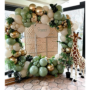 Sage Green and White Balloons Garland Arch Kit 164pcs Sage Green Sand White Chrome Gold Balloons for Baby Shower Bridal Shower Birthday Jungle Safari Party Decorations