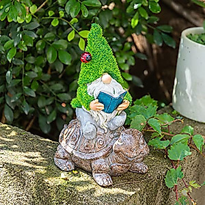 Ovewios Garden Gnome Sitting on Turtle Outdoor Statues and Sculpture with Solar Lights, Resin Garden Gnome Solar Statues and Turtle Figurines for Patio Yard Lawn Porch Outdoor Garden Decorations