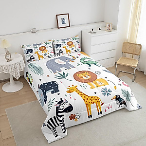 Feelyou Kids Zoo Animal Comforter Set Cute Wild Animals Bedding Set Cartoon Safari Wild Print Comforter for Boys Girls Children Teens Bedroom Decor Exotic Natural Theme Duvet Set Twin Size