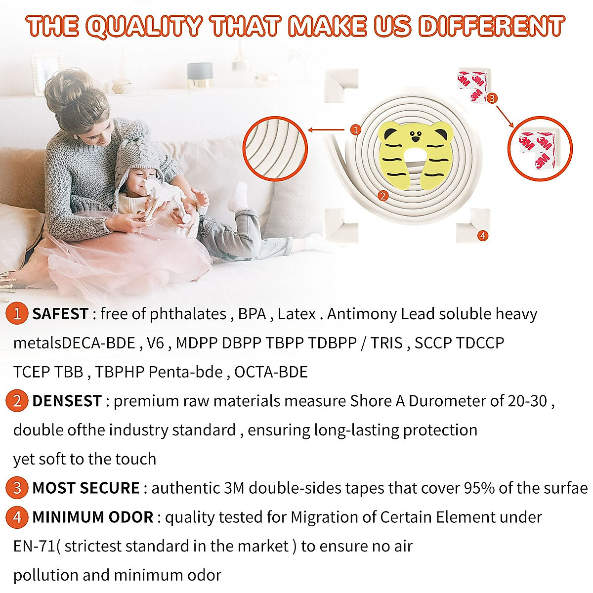 Ricbestlab Baby Proofing Edge and Corner Guards, Safety 3M Pre-Taped Furniture Bumper, Rice White, Heavy-Duty (Rice White, 6.5 Feet + 4 Corner)