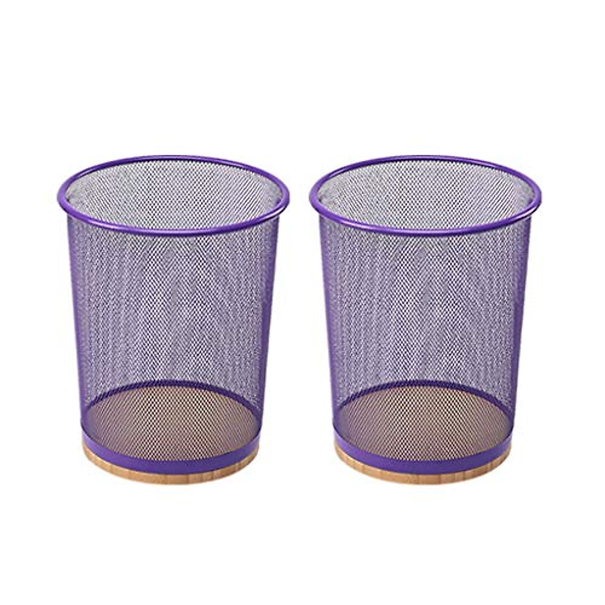 Trash Can Creative Iron Wire Mesh Trash Can Set Living Room Kitchen Bathroom Garbage Bin Office Thick Bamboo Bottom Paper Basket Waste Bin (Color : Purple)