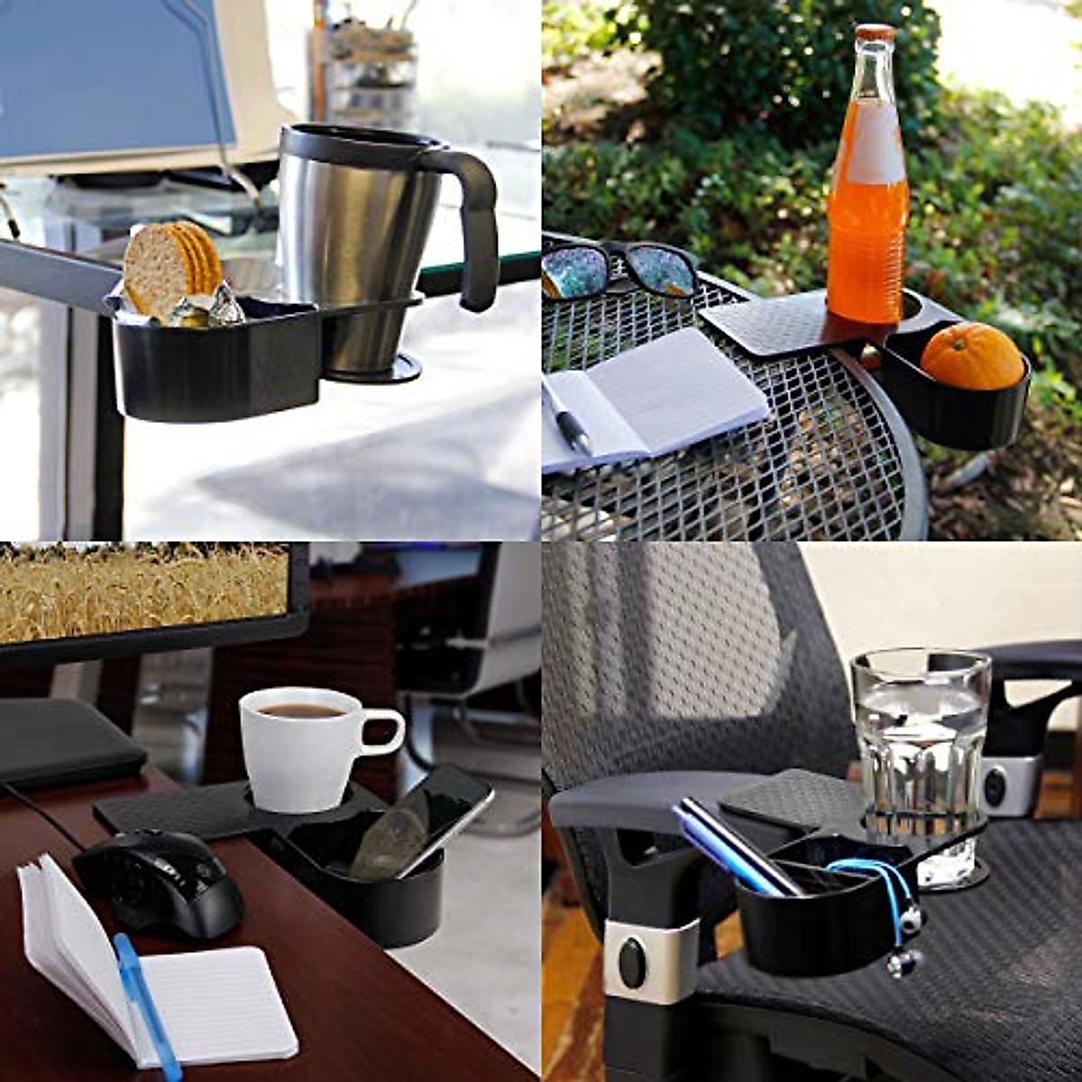 ENHANCE Clip On Desk Cup Holder - Desktop Organizer Clamp, Water Bottle Holder, Remote Holder - Home Office Desk Accessories - Drink & Food Storage with Metal Spring - Holds Phones, Office Supplies