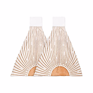 Mid Century Boho Orange Sun Aesthetic Striped Hanging Tie Towel for Kitchen Bathroom, 2 Pack Durable Absorbent Hand Towels Hangable Washing Cloths Home Cleaning Decor Retro Beige