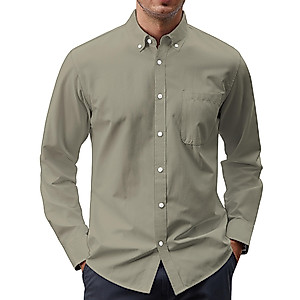 J.VER Men's Pinpoint Oxford Dress Shirts Long Sleeve Button Down Collar Shirt with Pocket Light Olive Green Large