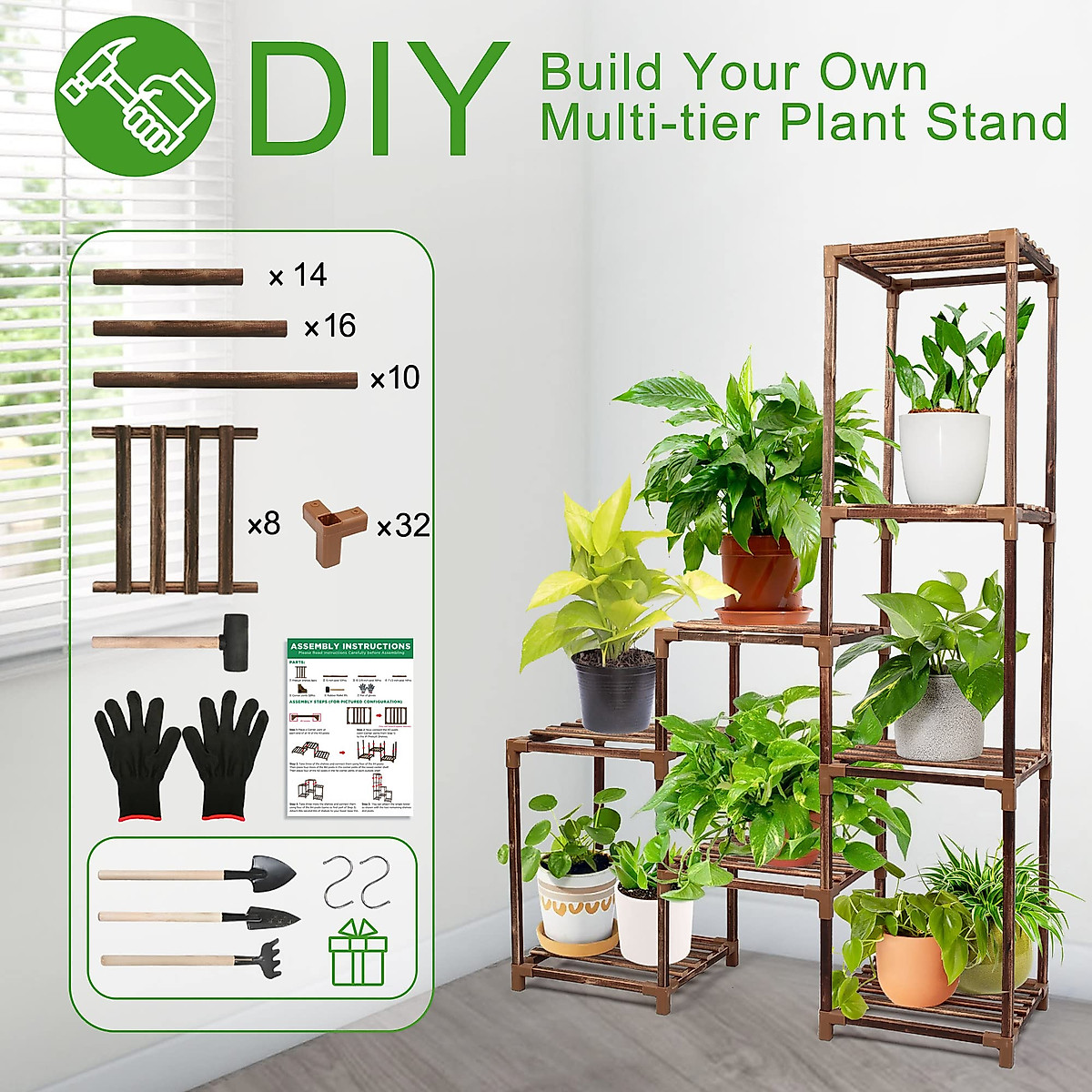 LotFancy Plant Stand Indoor Outdoor, Large Tall Wood Plant Shelf for Multiple Plants, 3 Tiers 8 Potted Plant Display Rack Garden Flower Shelves for Living Room Patio Corner Balcony Office