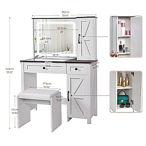 ANWBROAD Farmhouse Vanity Makeup Desk with Glass Tabletop, Vanity Desk with Lights Mirror Drawers Cabinet for Makeup, Modern Vanity Table Set with Vanity Stool for Bedroom, White UBDT59W