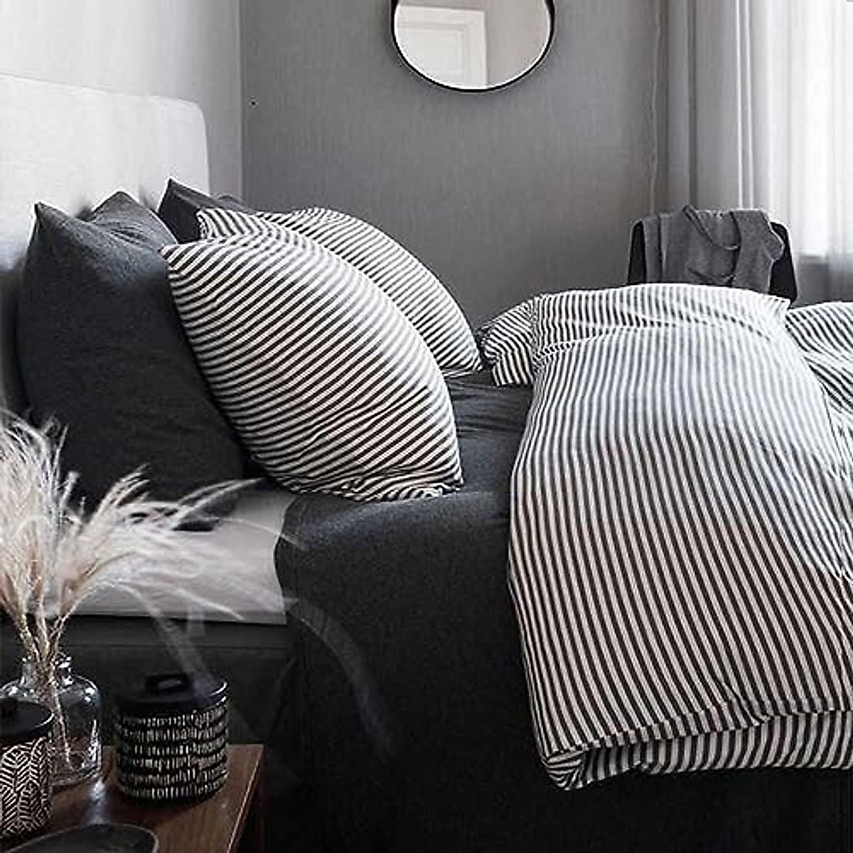 ETDIFFE Grey White Striped Comforter Set Full Size, 3pc Modern Gray Vertical Stripes Pattern Bed Set - Soft & Lightweight Pinstripe Microfiber Down Alternative Comforter (80x90) for Women Men