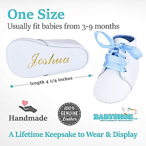 BabyShoe Personalized Baby Boy Christening Shoes – Baptism Leather Lace Up Shoes with Hand Embossed Name & Date – Special Occasion Newborn Church Shoes with Blue Ribbon - Great Idea