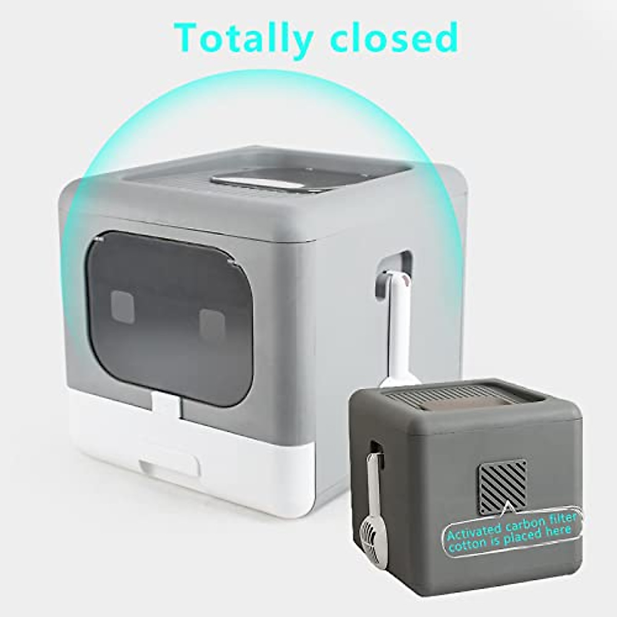 Large Foldable Cat Litter Box, Top Entry Cat Litter Box with Cat Litter Scoop and Filter Cotton, Closed Smell Proof Anti-Splashing,Drawer Structure Kitty Litter Box,