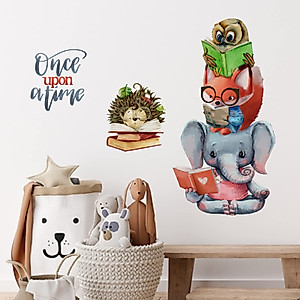 Mfault Once Upon a Time Reading Animals Wall Decals Stickers, Motivational Fox Elephant Owl Hedgehog Reading Books Nursery Decoration Classroom Bedroom Art, Kids Toddlers Study Room Library Decor