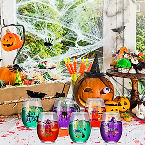 Bokon 6 Pcs Halloween Stemless Wine Glasses 15oz Witches Wine Glasses Hallo Queen Drinking Glasses Ice Coffee Beer Beverages Clear Tumbler Cups Halloween Gifts for Women Men Party Event Decorations