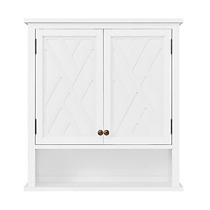 Alaterre Furniture Coventry Wall Mounted Bath Storage Cabinet with Two Doors and Open Shelf - White - 27" W x 29" H - Adjustable Interior Shelf - Bathroom Organizer and Space Saver