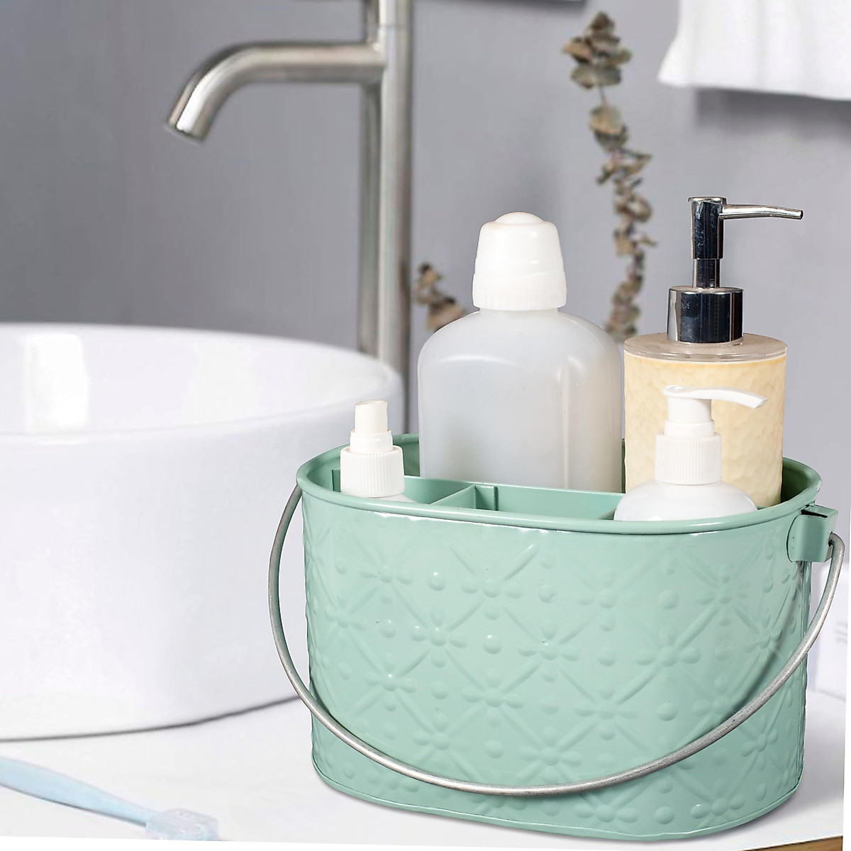 CLEENTABLE Farmhouse Chic Utensil Caddy, Green, Galvanized Steel, 10 x 6.5 x 5.5 inches, 4 Compartments, 2 lbs Capacity