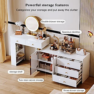 Vanity desk with mirror and lights, 3 Color Touch Screen,Modern Retractable Makeup Dressing Table with Adjustable Cabinet and 5 Sliding Drawers,Vanity Table Set ,Writing Desk Bedroom Essential,White