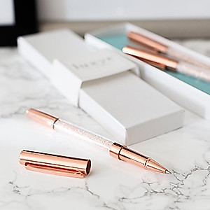 luxye Crystal Pen - 3 Pcs Rose Gold Crystal Gel Pens with Cap in Glossy White Gift Box | Rose Gold Pen Office Supplies Gifts for Women, Bridesmaids, Birthday, Coworkers, Wedding (Rose - Black Ink)