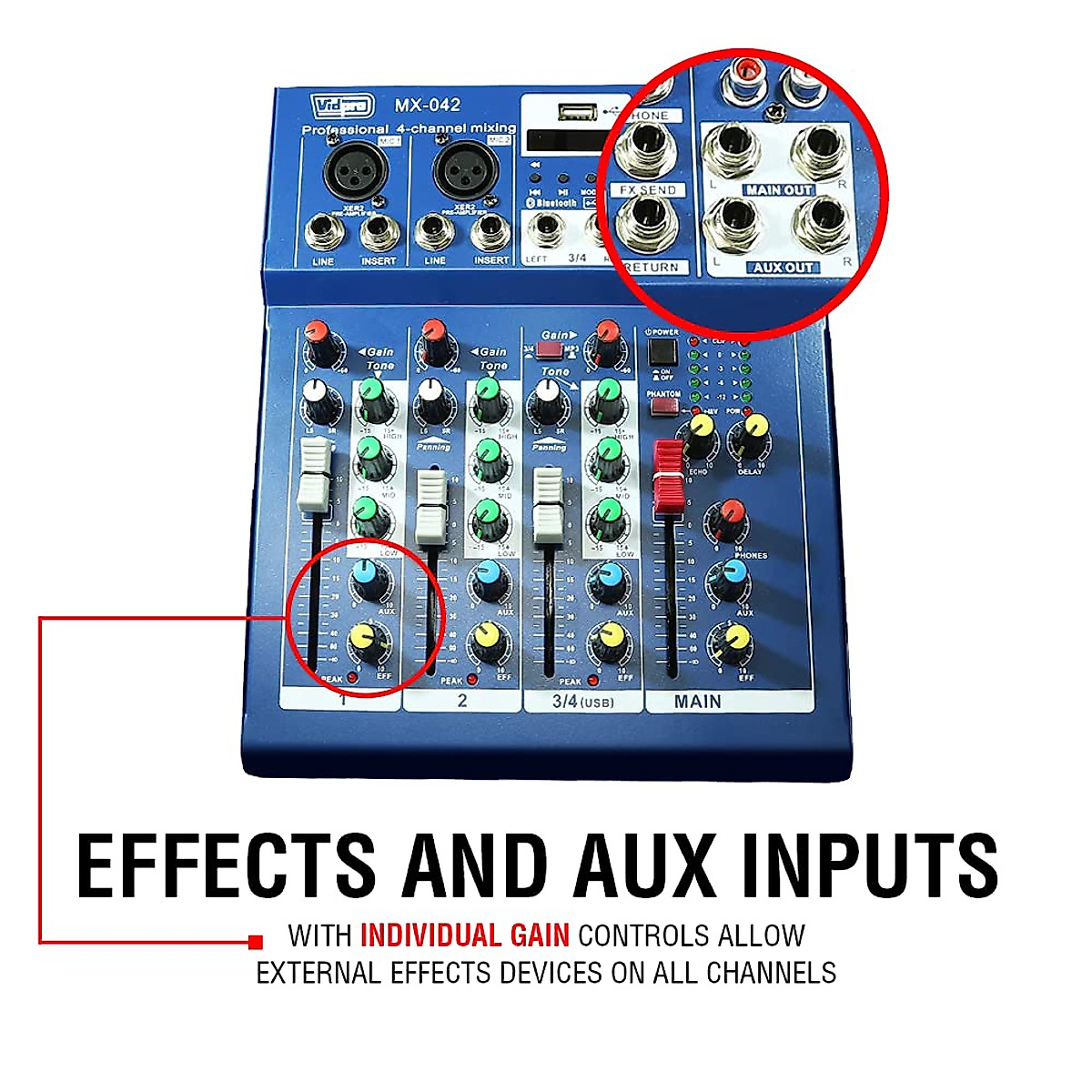 Vidpro MX-042 Professional Audio Mixer - Sound Board Console - Desk Interface System with 4 Audio Inputs Bluetooth MP3 & More Ultra-Low-Noise Ideal for Recording Casting Streaming & DJ Use