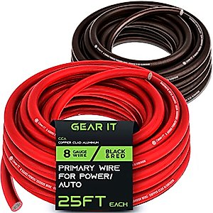 GearIT 8 Gauge Wire (25ft Each- Black/Red Translucent) Copper Clad Aluminum CCA - Primary Automotive Wire Power/Ground, Battery Cable, Car Audio Speaker, RV Trailer, Amp, Electrical 8ga AWG 25 Feet