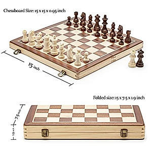 A&A 15 inch Foldable Wooden Magnetic Chess Set w/ 3 inch King Height Staunton Chess Pieces - Pine Box w/Mahogany & Maple Inlay
