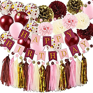 Qian's Party Burgundy Pink Birthday Party Decorations Burgundy Pink Gold Fall Birthday Decorations Tissue Paper Pom Pom Happy Birthday Banner/Burgundy Fall Birthday Decorations