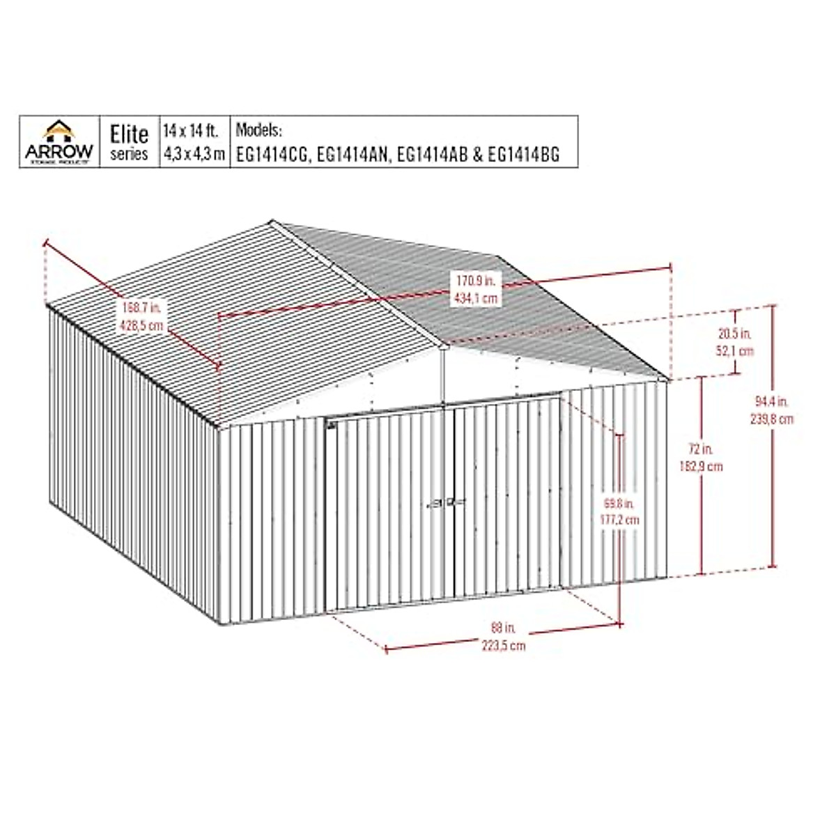 Arrow Shed Elite 14' x 14' Outdoor Lockable Gable Roof Steel Storage Shed Building, Anthracite