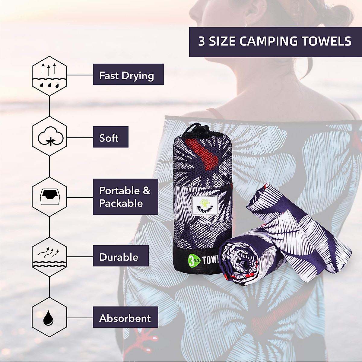 4Monster Camping Towels 3 Size at 1 Pack,Quick Dry Microfiber Towel,Beach Travel Towel Ultra Compact,Soft Gym Towel for Hiking Yoga Travel Sports Backpacking Trip and Pool