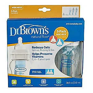 Dr Browns Natural 3 Pack Wide Neck 8oz 3X Level 1 Nipples - Bonus Includes 2X Level 2 Nipples
