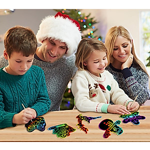 60 Pcs Christmas Scratch Art for Kids, Rainbow Scratch Paper Christmas Crafts for Kids, Scratch Art for Christmas Party Favors Gifts DIY Craft Decoration (60 Papers, 60 Cords and 24 Wood Sticks)