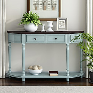 Retro Curved Design Console Table with Open Style Shelf, Solid Wooden Entryway Table Frame with Legs, 2 Top Drawers,Half Moon Shape Console Table for Hallway Living Room (Cherry + Antique Blue-01)