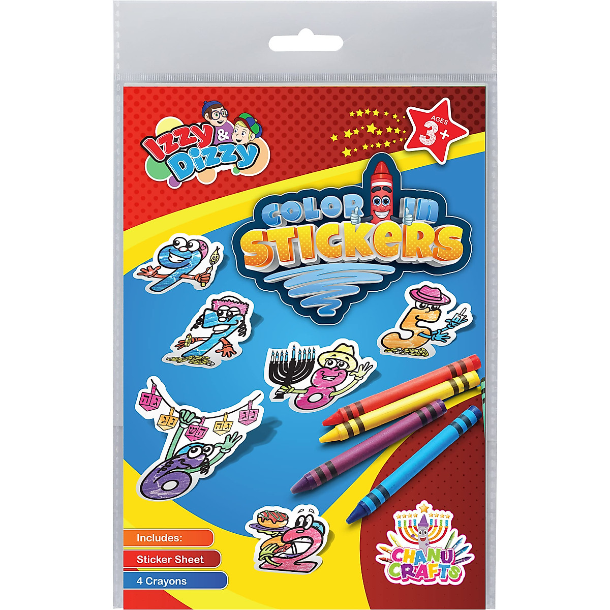 Izzy 'n' Dizzy Hanukkah Color-in Stickers Art Kit - Includes 8" x 6" board and 4 Crayons - Chanukah Arts and Crafts - Gifts and Games