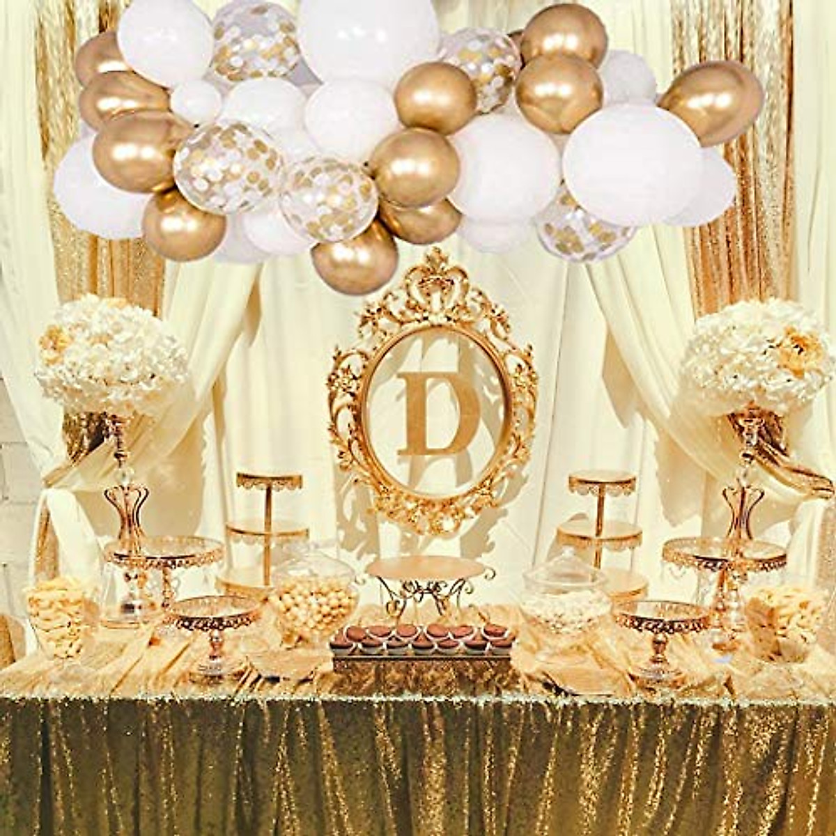 50 Pcs Balloons Set for Parties, Gold Confetti, White and Gold Chrome Pearl Balloon Party Decorations, Baby Shower Décor, Pack of 50 Thick Balloons, Gold Curling Ribbon, Natural Latex