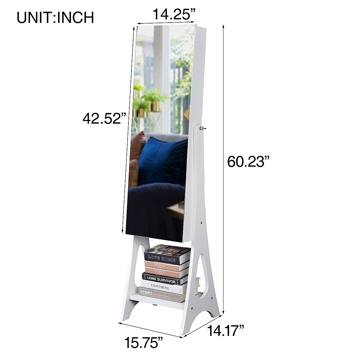 HOUAGI Mirror Jewelry Cabinet Standing,60.23" H Jewelry Armoire Organizer with Sliding Vertical Full Length Mirror,1 Layer of Storage Under the Frame,4 Angels Adjustable