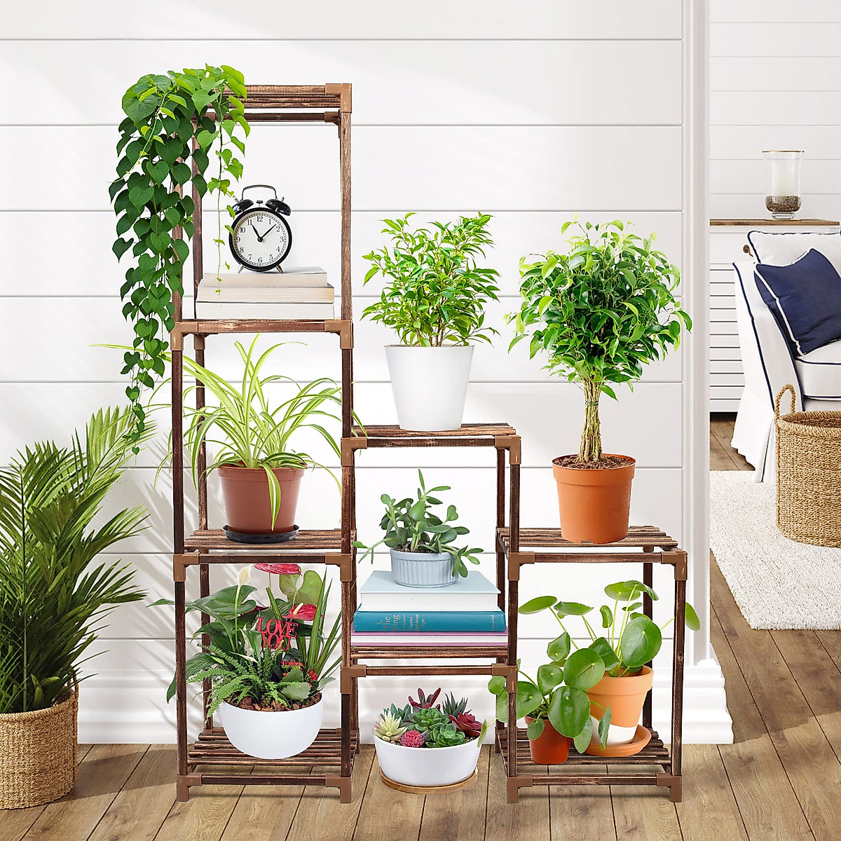 LotFancy Plant Stand Indoor Outdoor, Large Tall Wood Plant Shelf for Multiple Plants, 3 Tiers 8 Potted Plant Display Rack Garden Flower Shelves for Living Room Patio Corner Balcony Office