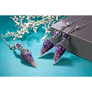 Top Plaza Bundle - 2 Items: 6 Facet Hexagonal Point Pendant Pendulum for Reiki Wicca Dowsing Balancing & Antique Silver Flower Wrapped Natural Amethyst Healing Crystal Necklace
