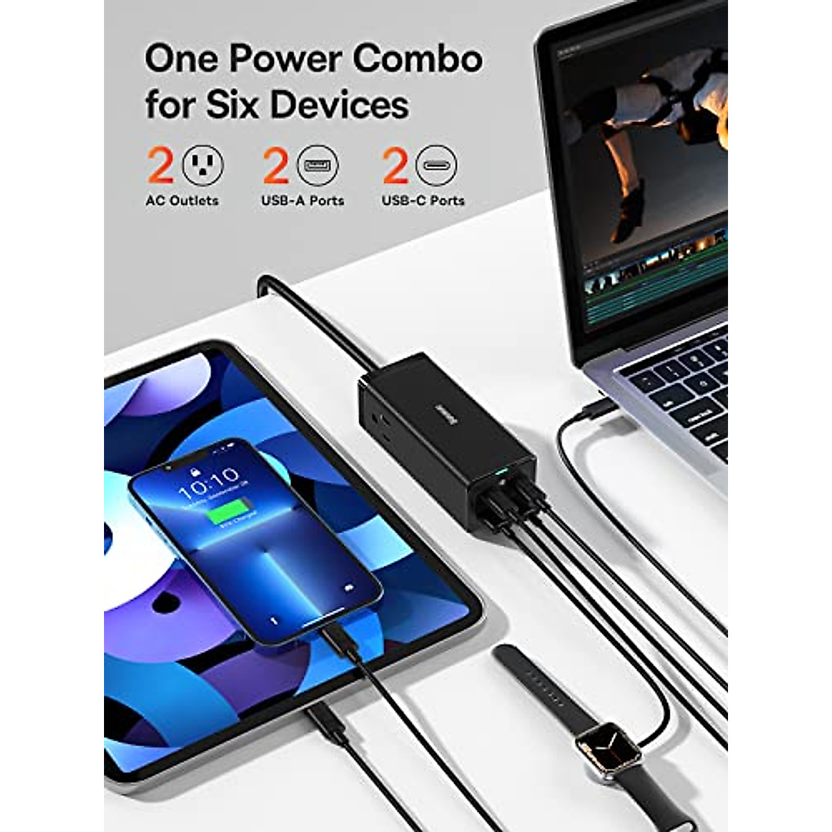 USB C Charger Baseus PowerCombo 65W USB C Charging Station with 2 Outlets Extender, Fast Charging, USB C Wall Charger Compatible with MacBook Laptops iPhone Samsung iPad (100W Type C Cable Included)