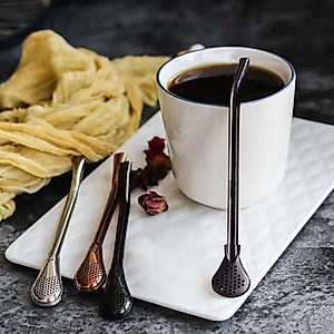 2Pcs Removable Stainless Steel Straw Filter Spoon with 2 Cleaning Brush, Yerba Mate Bombilla Straw, Reusable Metal Straw Spoon Cocktail Stirrer for Drinking Loose Tea, Ice Coffee, Black