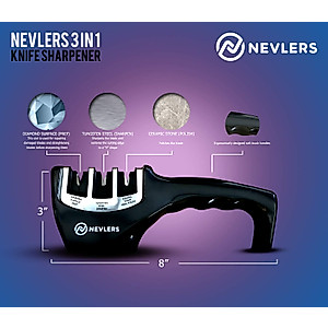 Nevlers 3 in 1 Kitchen Knife Sharpener with Cut Resistant Gloves | Knife Sharpeners for Kitchen Knives Preps, Repairs, Sharpens | Blade Sharpener with Diamond, Ceramic & Tungsten Steel Slots (Black)