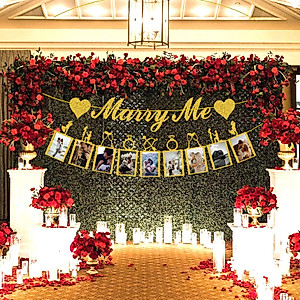 Marriage Proposal Decorations,Gold Marry Me Banner and Photo Banner with Picture Card Frames for Marriage Proposal Ideas Wedding Proposal Decorations.(Gold Glitter)