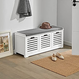 Haotian FSR23-W, White Storage Bench with 3 Drawers & Padded Seat Cushion, Hallway Bench, Shoe Cabinet, Shoe Bench