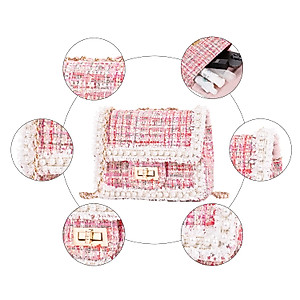 Qiayime Purse and Handbags for Women Fashion Tweed Pearl Top Handle Satchel Shoulder Tote bead chain Crossbody Clutch Bag (pink)