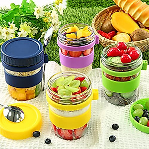 Koncifun 4 Pack Overnight Oats Containers with Lids and Spoons 16oz Glass Mason Overnight Oats Jars, Food Storage Jars Containers for Milk, Cereal, Fruit, Vegetable Salad