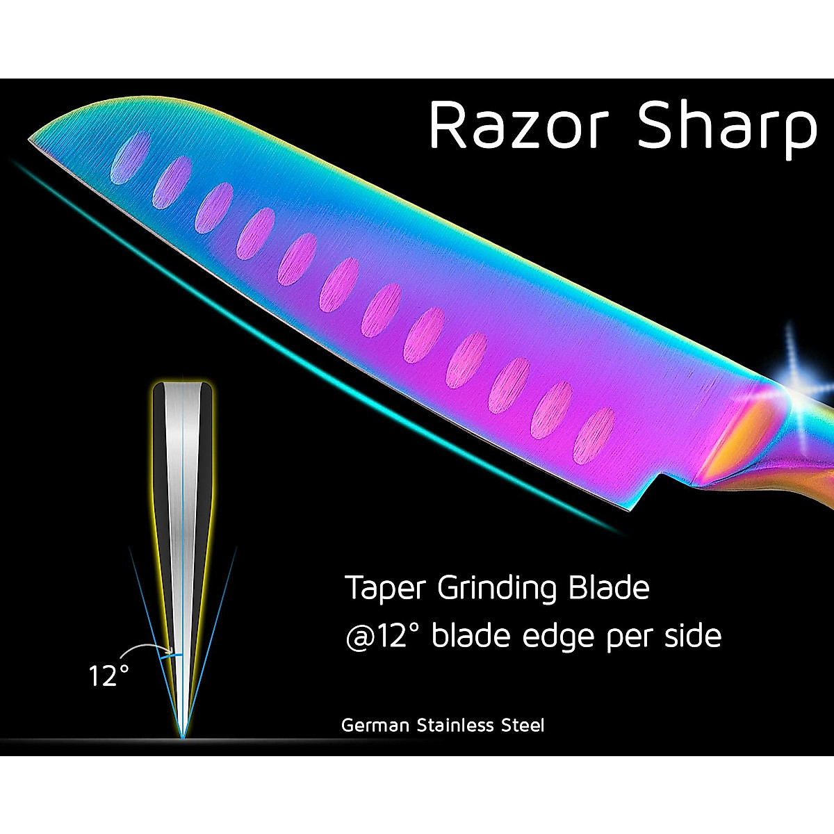 WELLSTAR Santoku Knife 5 Inch, Super Sharp German Steel Kitchen Cooking Knife with Comfortable Handle and Rainbow Coating for Slicing Dicing and Mincing of Meat Vegetables and Fruits for Small Hand