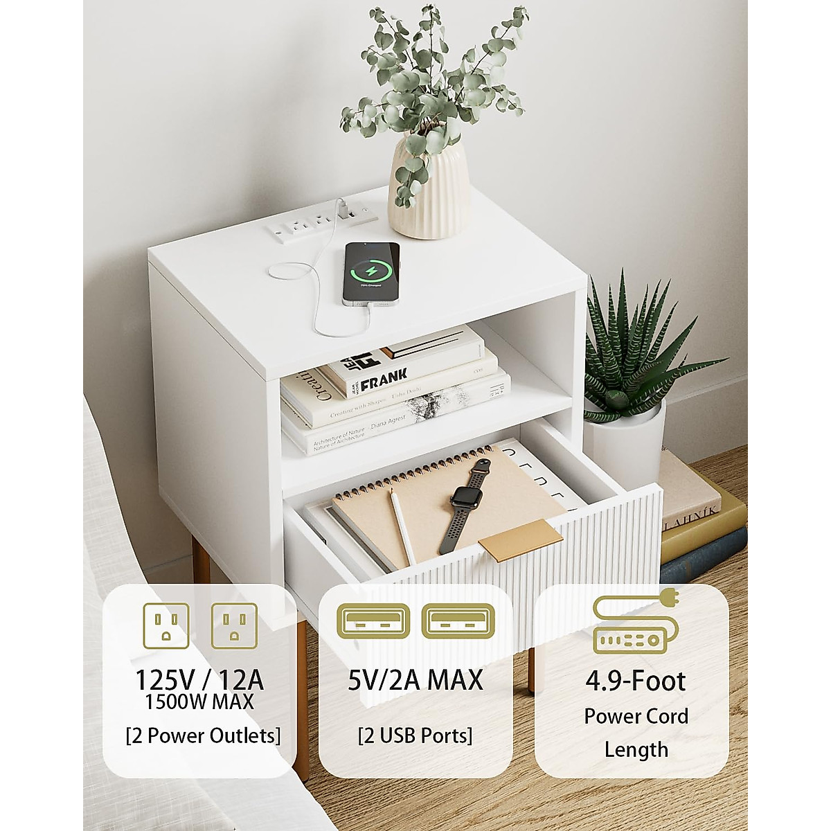 Masupu Nightstand with Charging Station,Mid-Century Modern Bedside Table with Storage Drawer and Open Wood Shelf,Small Gold Frame Side Table for Bedroom,Living Room (White)
