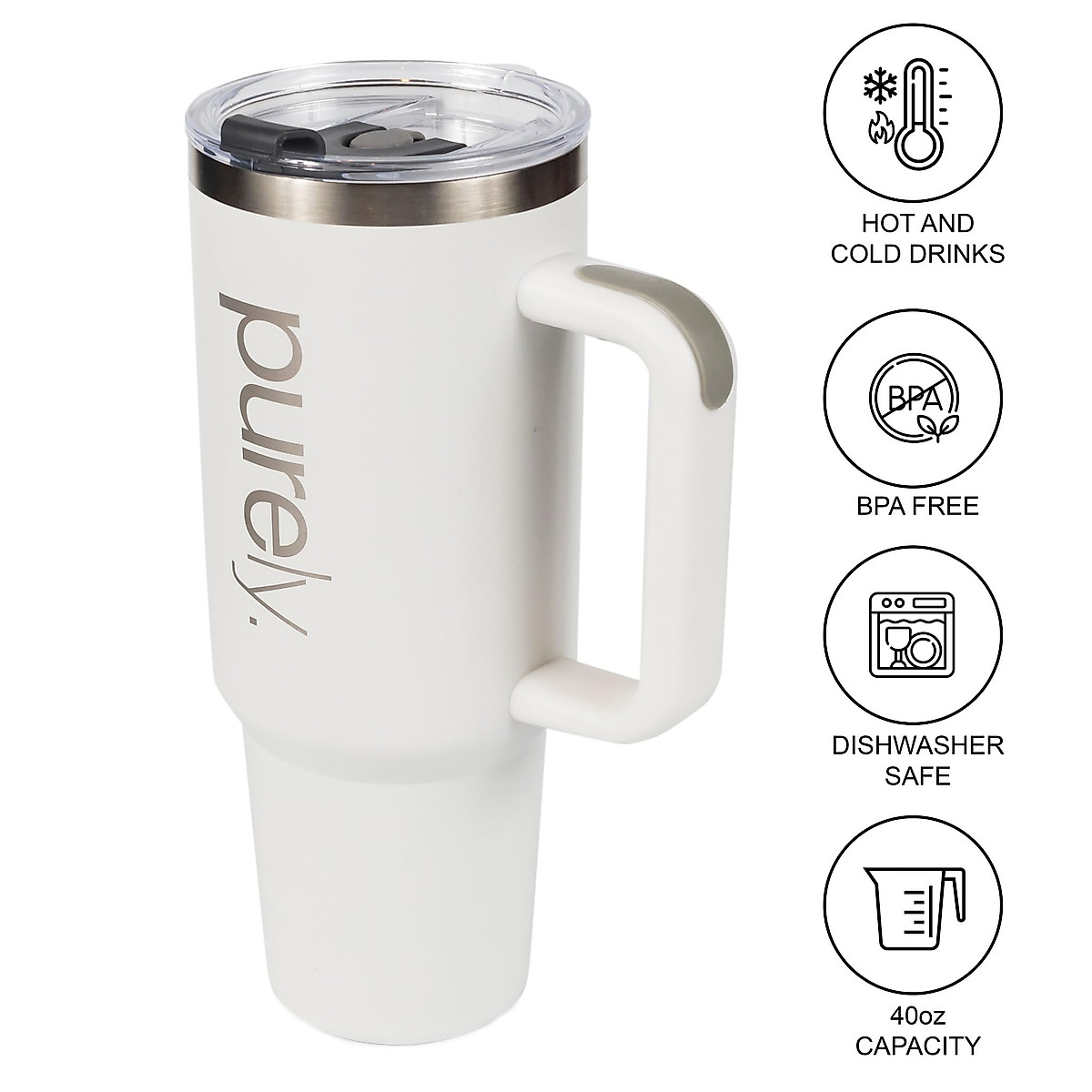 PURELY 40 oz Ceramic Lined Insulated Tumbler with Handle, Leak Resistant 2-way Lid and Straw, Ceramic Lined Travel Mug (White, 40oz)